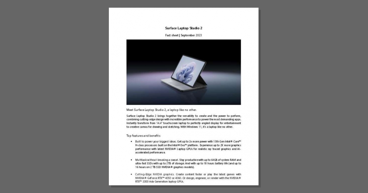 Surface Laptop Studio 2 Fact Sheet
